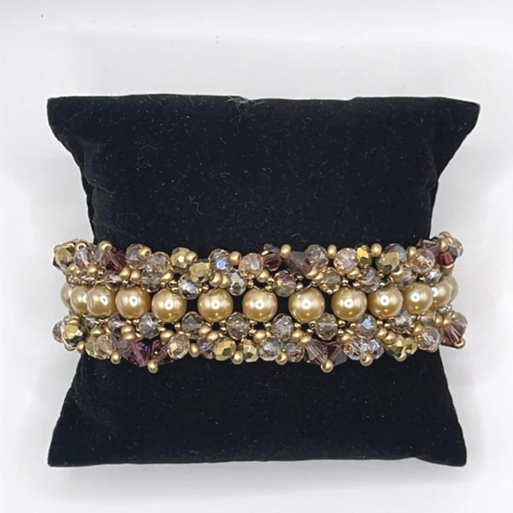 Hand Crafted | Jewelry | Gold Tone Crystal Faux Glass Pearl Wide ...